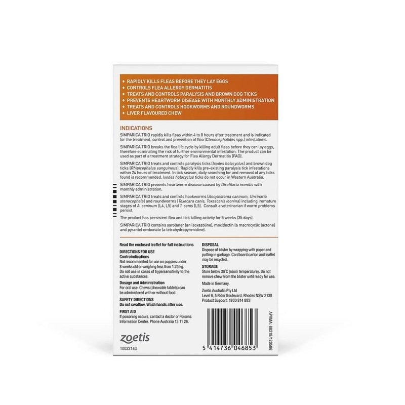 Simparica TRIO Chewable Tablets for Dogs 11.1-22 lbs (5.1-10 kg)